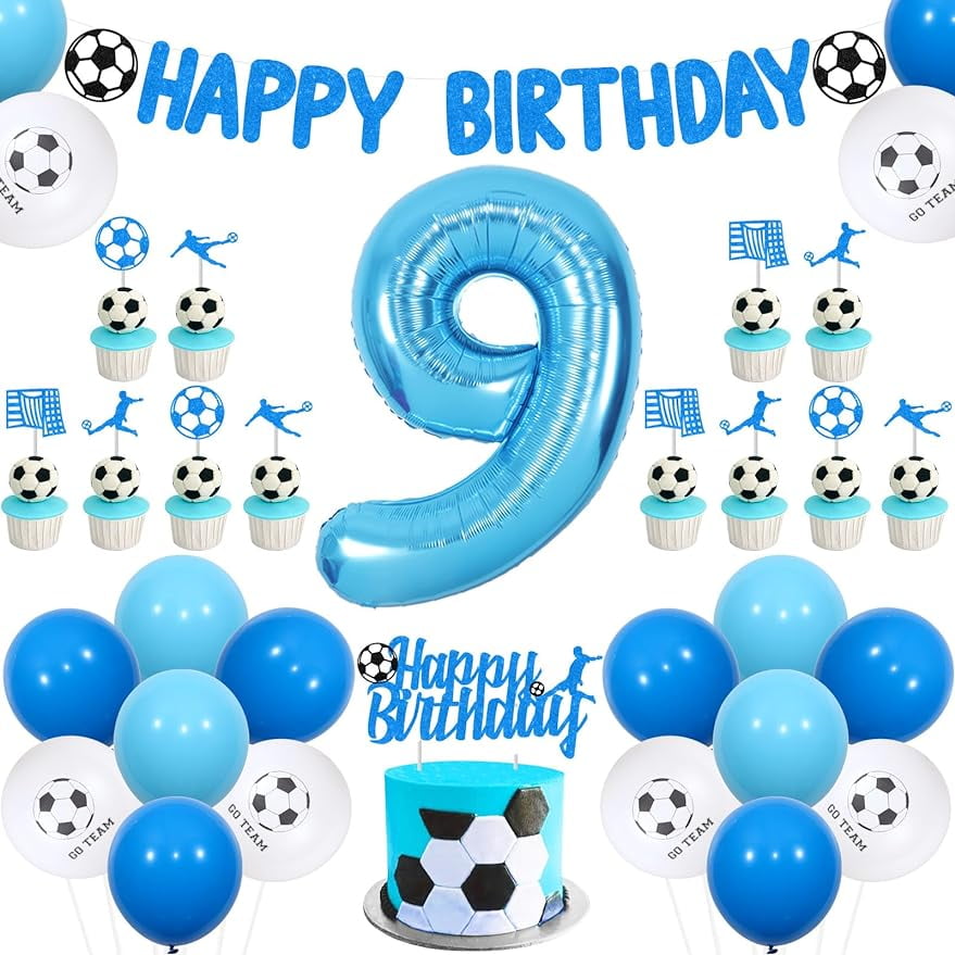9th Football Birthday Decorations Blue and White for Boys, Soccer Happy ...