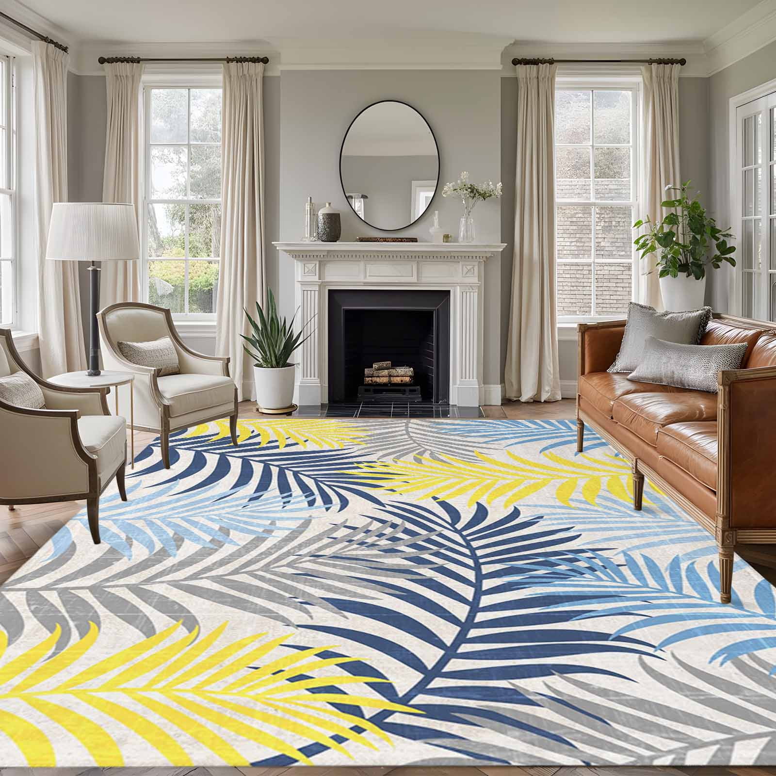 9x12 Area Rugs for Living Room, Blue Yellow Grey Palm Leaves Washable ...