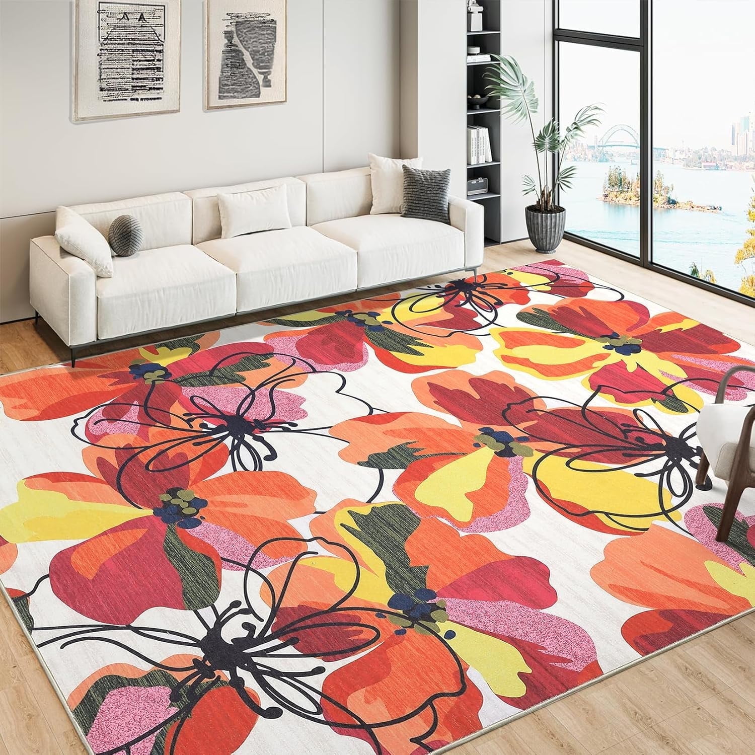 9x12 Modern Floral Area Rug - Washable Non-Slip Carpet for Living Room ...