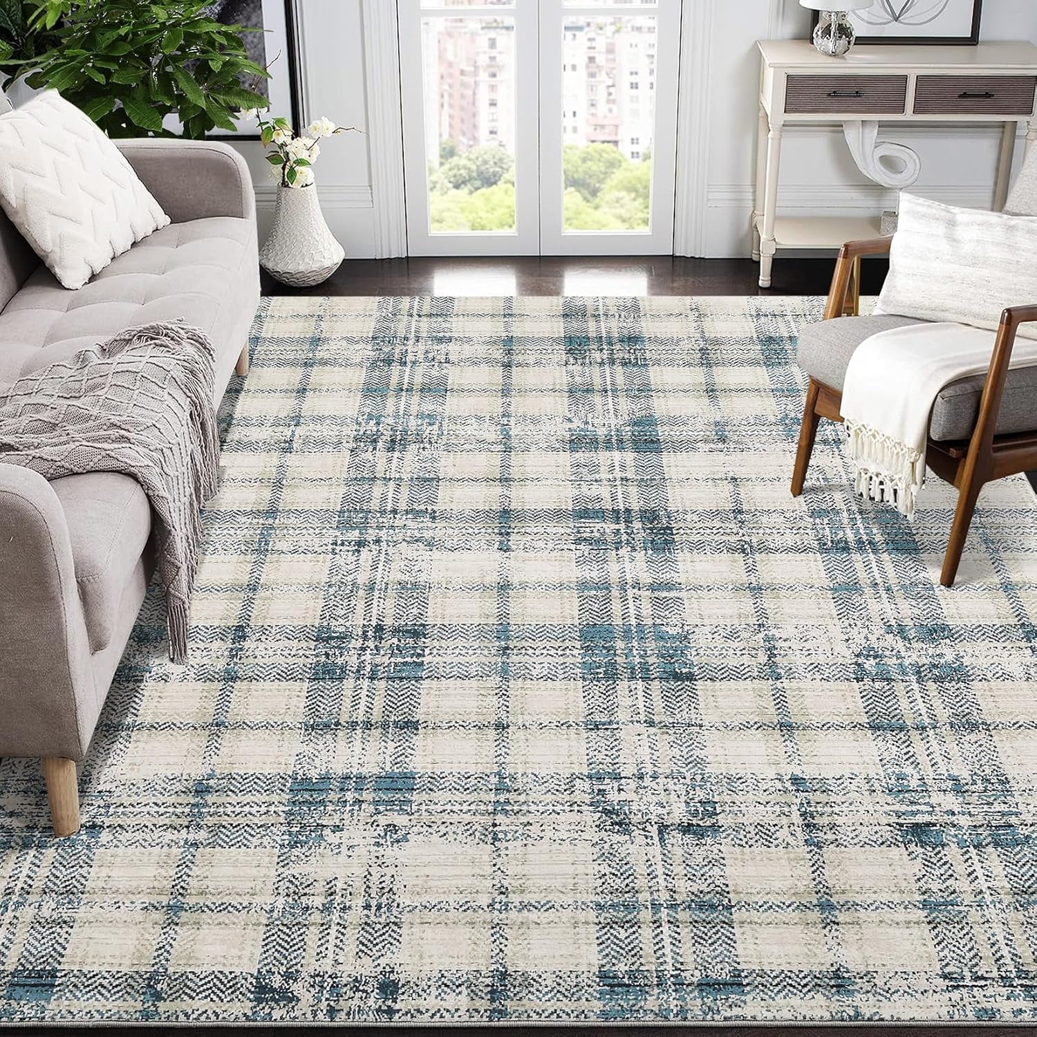 9x12 Modern Washable Tartan Plaid Area Rug - Soft Non-Slip Carpet for ...