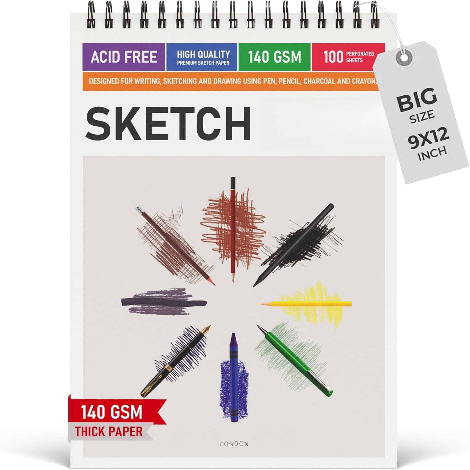 9x12 Spiral Sketchbook - 140 GSM Acid- Paper, 100 Perforated Pages, A4 ...