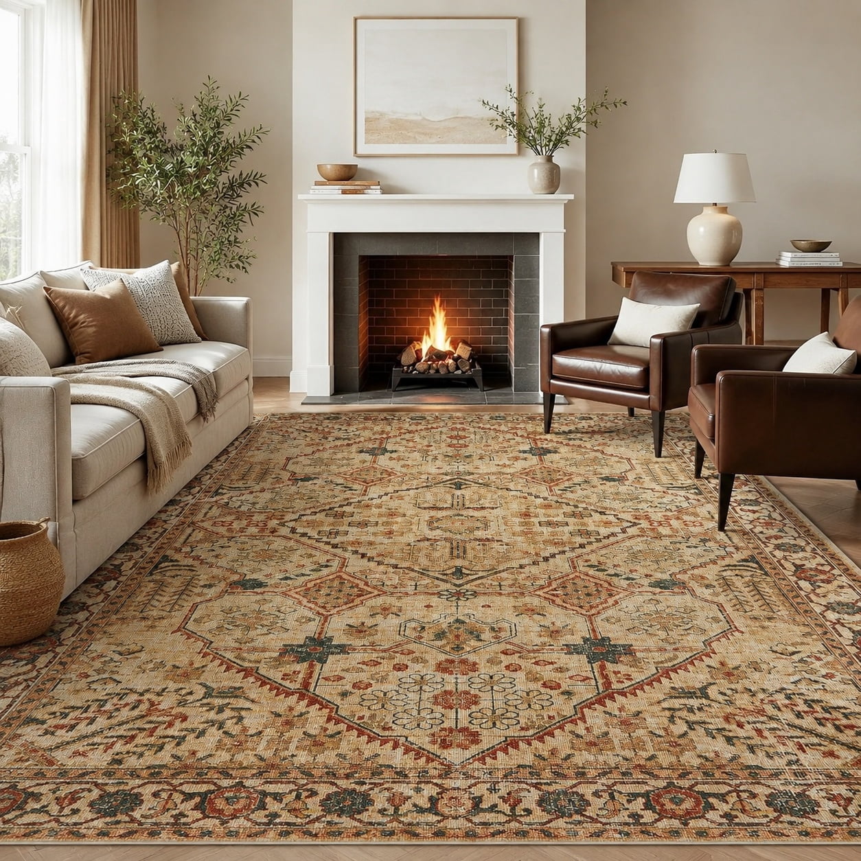 9x12 Tan Area Rug for Living Room, Non-Slip Low Pile Chenille Vintage ...