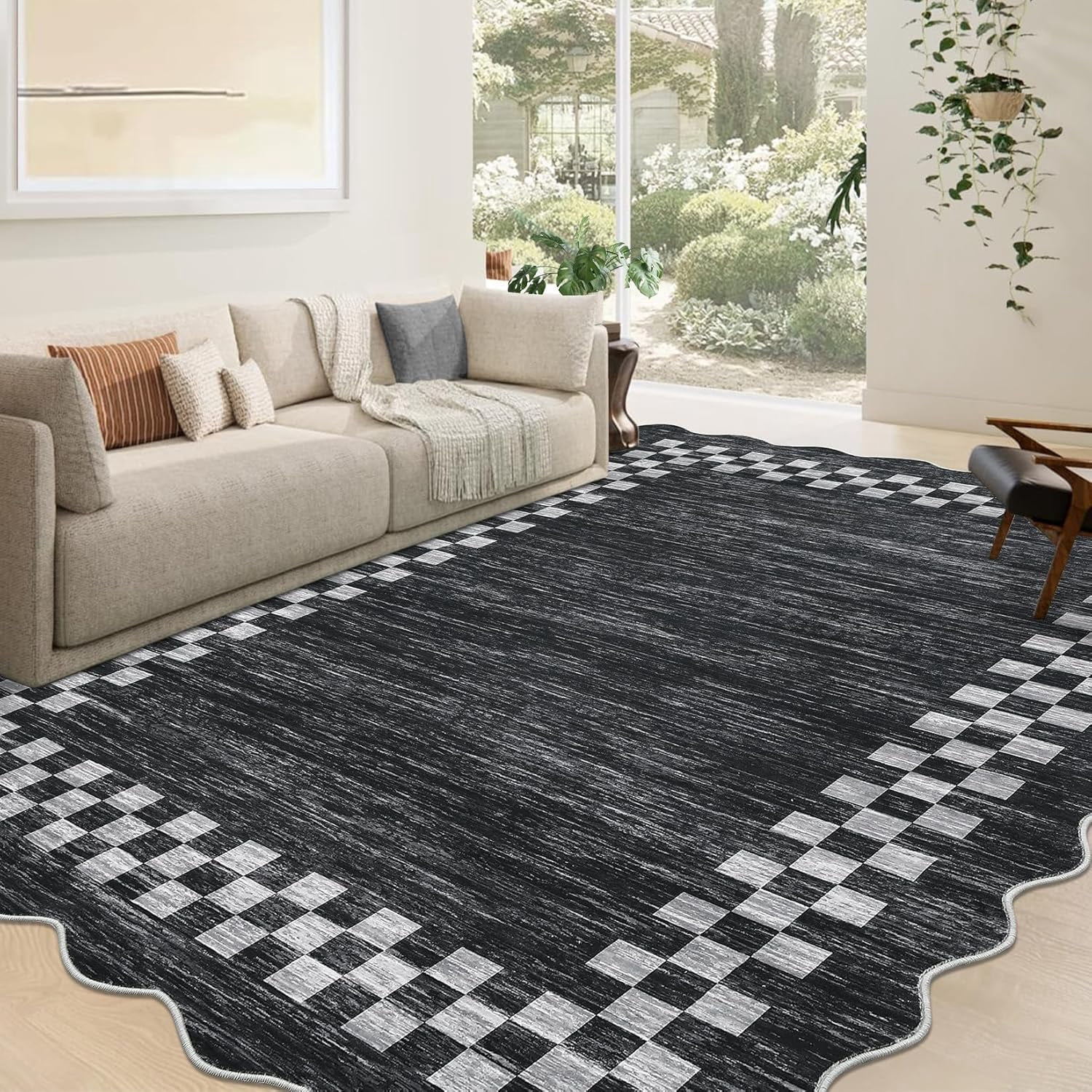 9x12 Washable Area Rug for Living Room Modern Scalloped Border Low Pile ...