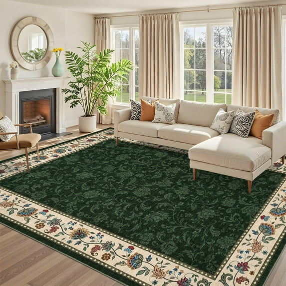 9x12FT Vintage Distressed Floral Border Area Rug, Large Foldable Low ...