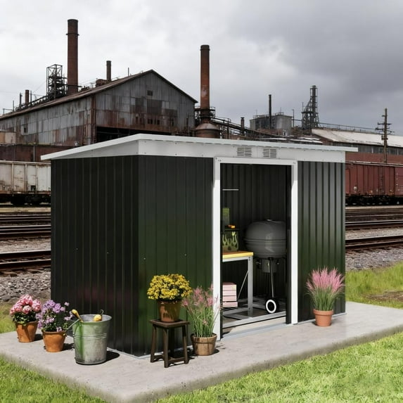 9x4ft Outdoor Garden Storage Sheds,Galvanized Steel Tool House w ...