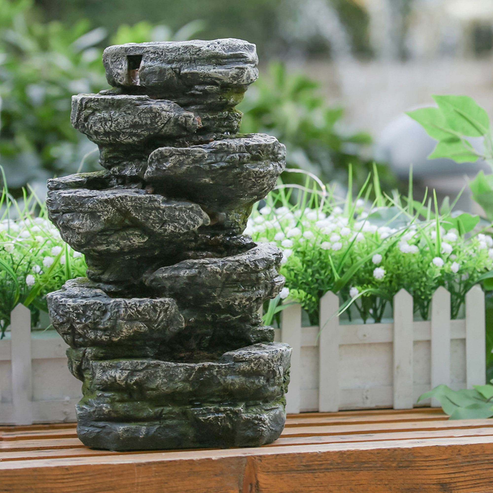 9x5x14" Indoor Gray Stone-Look Water Fountain, 7-tier Polyresin ...