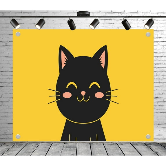 9x6ft Cartoon Cat Backdrop Smiling Black Cat Photo Backdrop Yellow ...