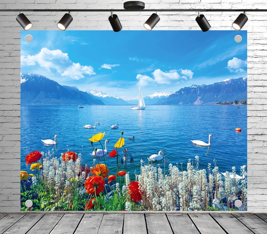 9x6ft Lake Backdrop Flowers Photo Background Swans Background ...