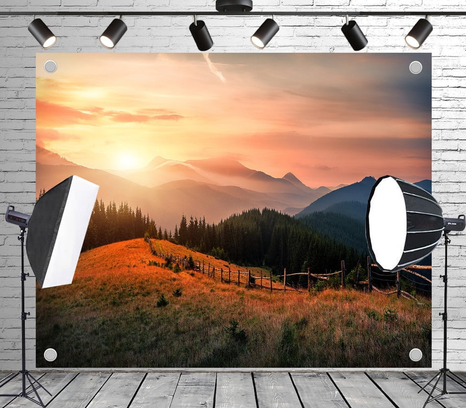 9x6ft Outdoor Background Fiery Sunset Golden Grassland Wooden Fence ...
