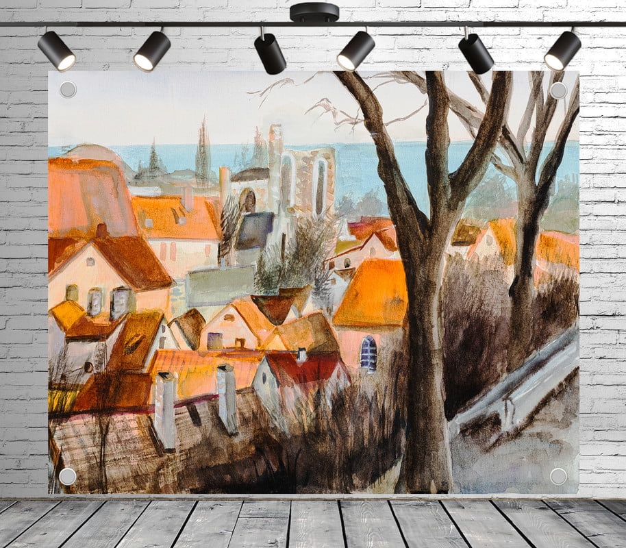 9x6ft Rustic Backdrop Seaside Town with Red Roofs Trees Photo Backdrop ...