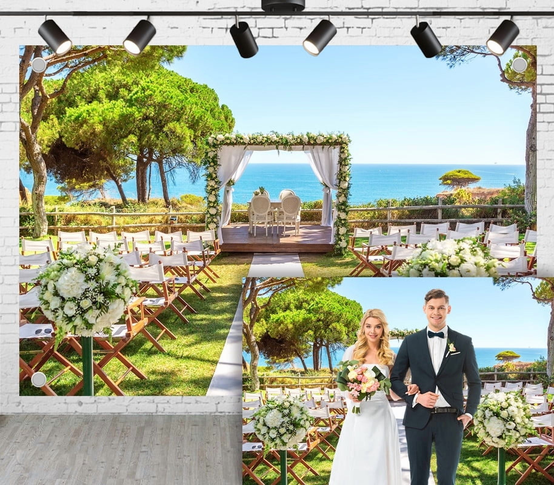 9x6ft Wedding Photoshoot Backdrop Lawn Sea Tree Floral Veil Four-corner ...