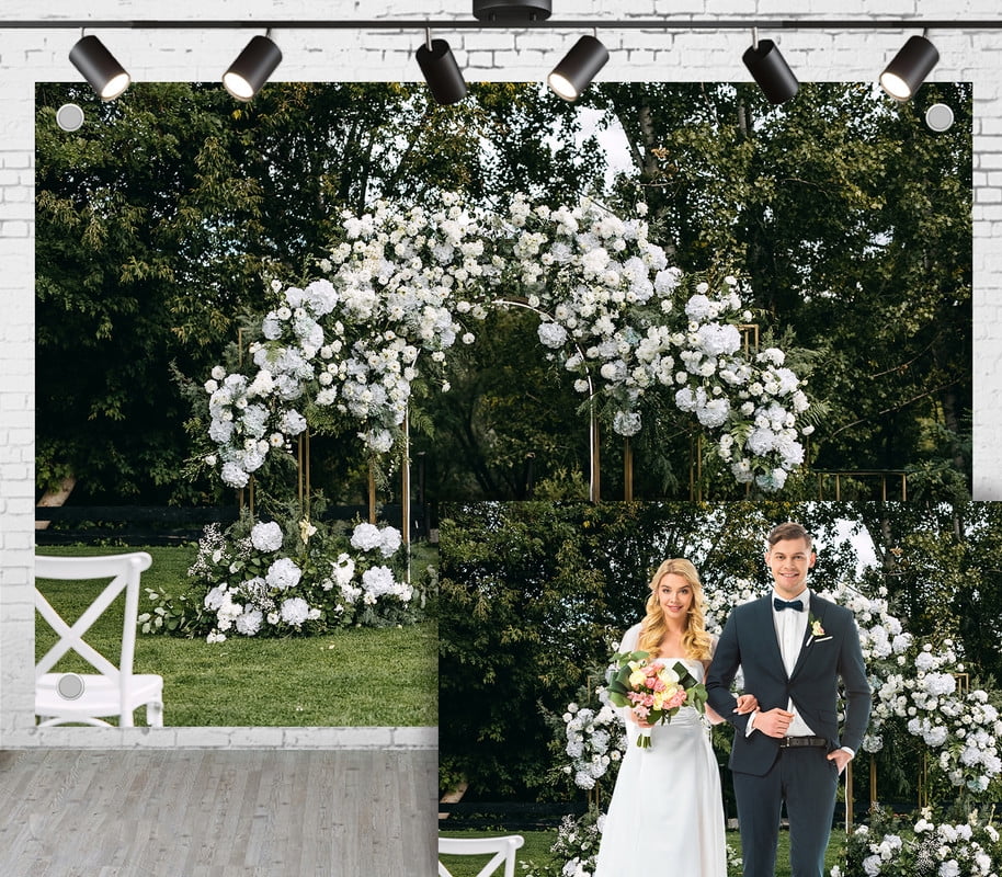 9x6ft Wedding Photoshoot Backdrop Trees Lawns White Floral Arches ...