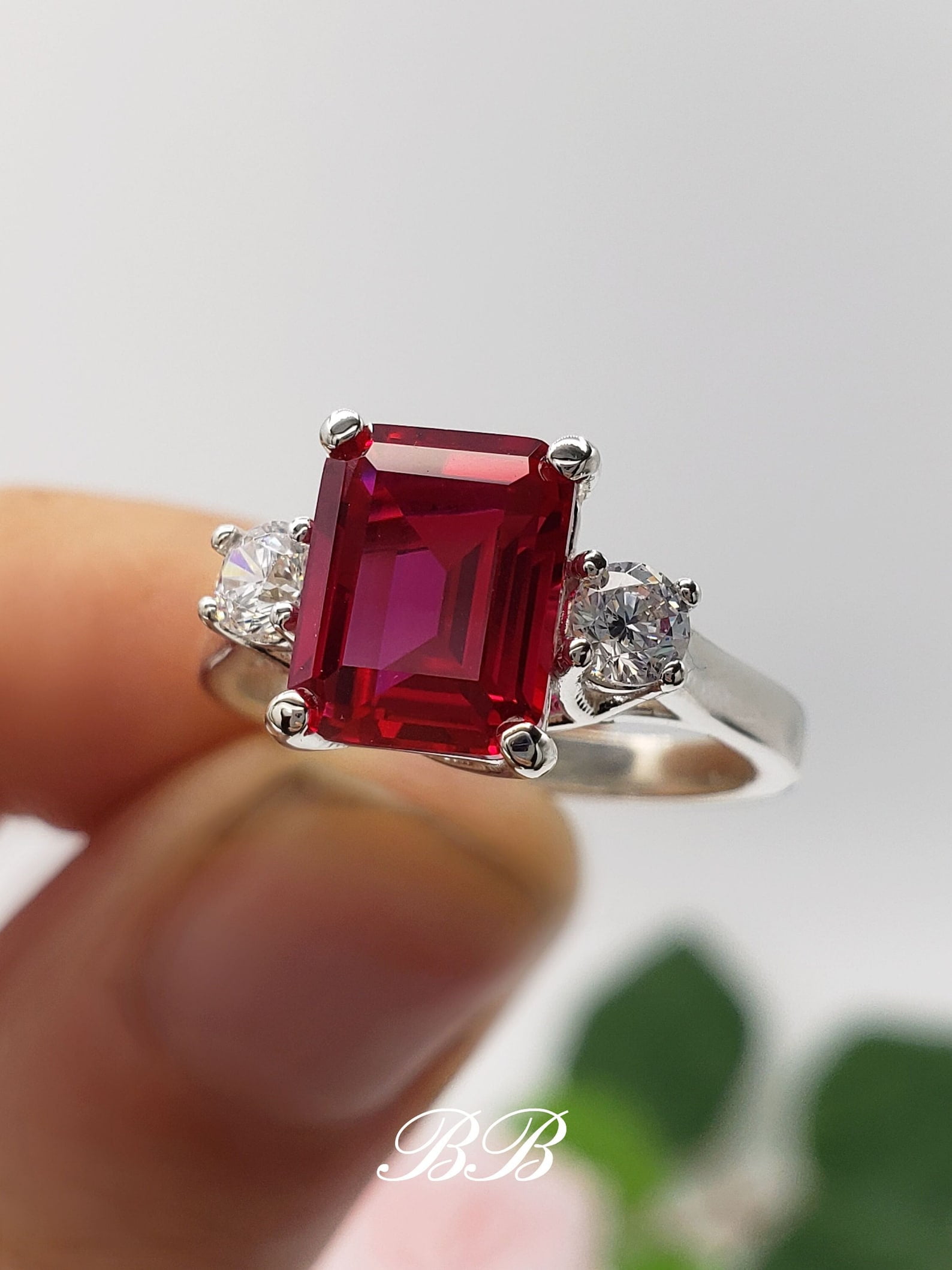 9x7mm Lab Ruby Emerald Step Cut, Trellis Three Stone Ring, Sterling ...