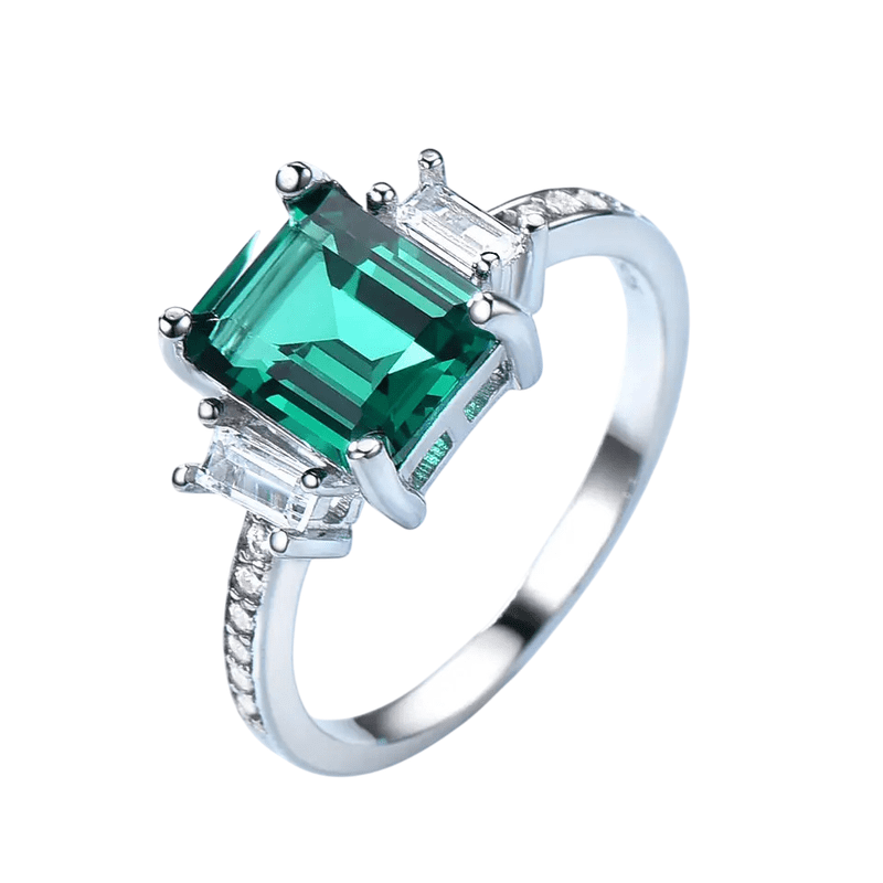 9x7mm Octagon Lab-Created Green Emerald & Diamond Wedding Ring in 925 ...