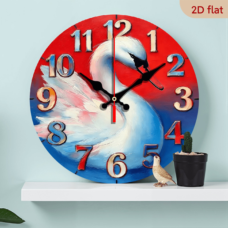A 10-inch 2D flat wooden round wall clock, themed "Colorful Swan Art ...