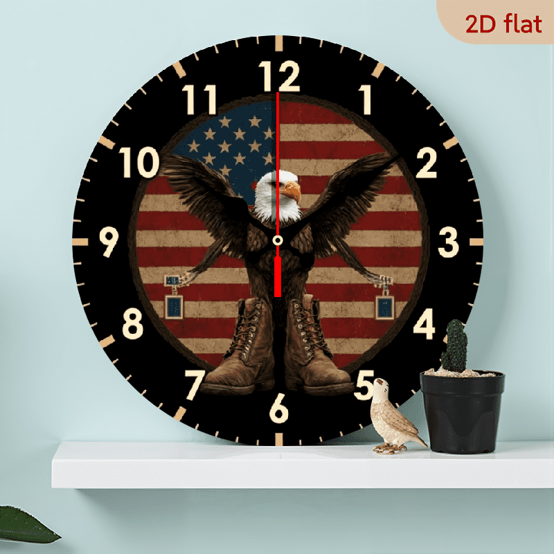 A 10-inch 2D flat wooden round wall clock, themed "USA Eagle and Flag ...