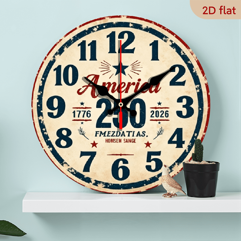A 10-inch 2D flat wooden round wall clock, themed "Vintage Americana ...