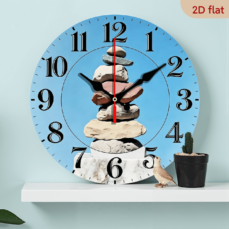 A 10-inch 2D flat wooden round wall clock, themed balanced stones ...