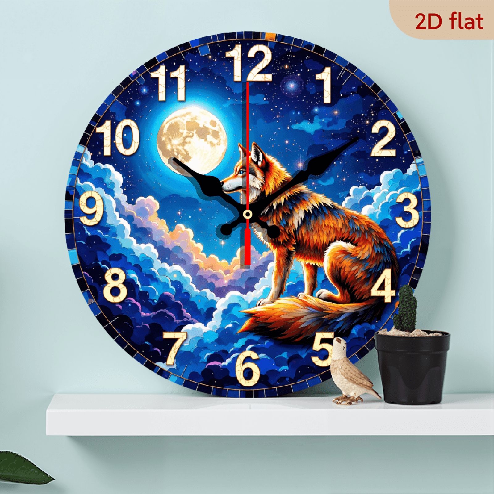 A 10-inch wall-mounted clock, featuring a theme of wolves and a full ...