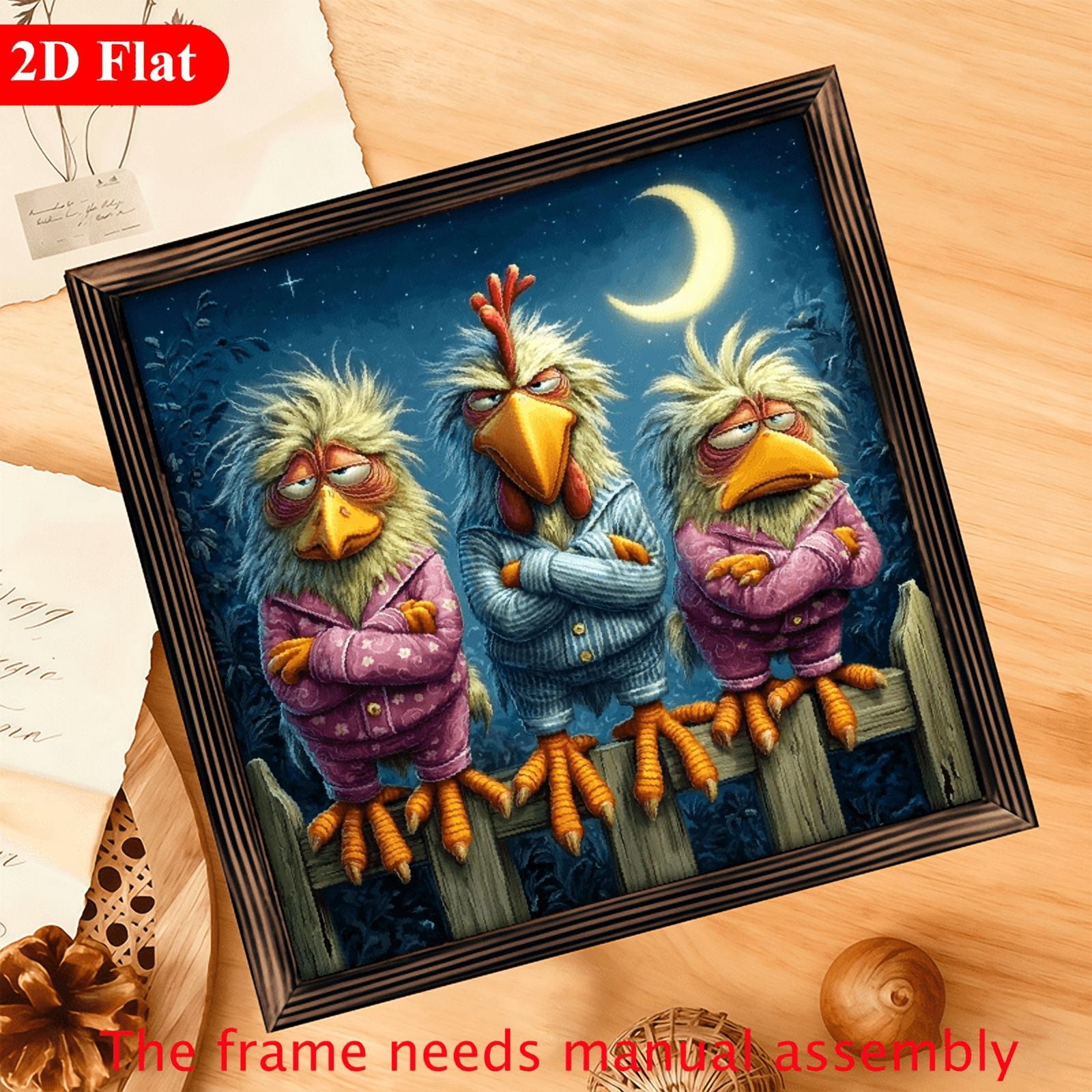 A 12*12-inch wooden framed painting - Three tired chickens under the ...