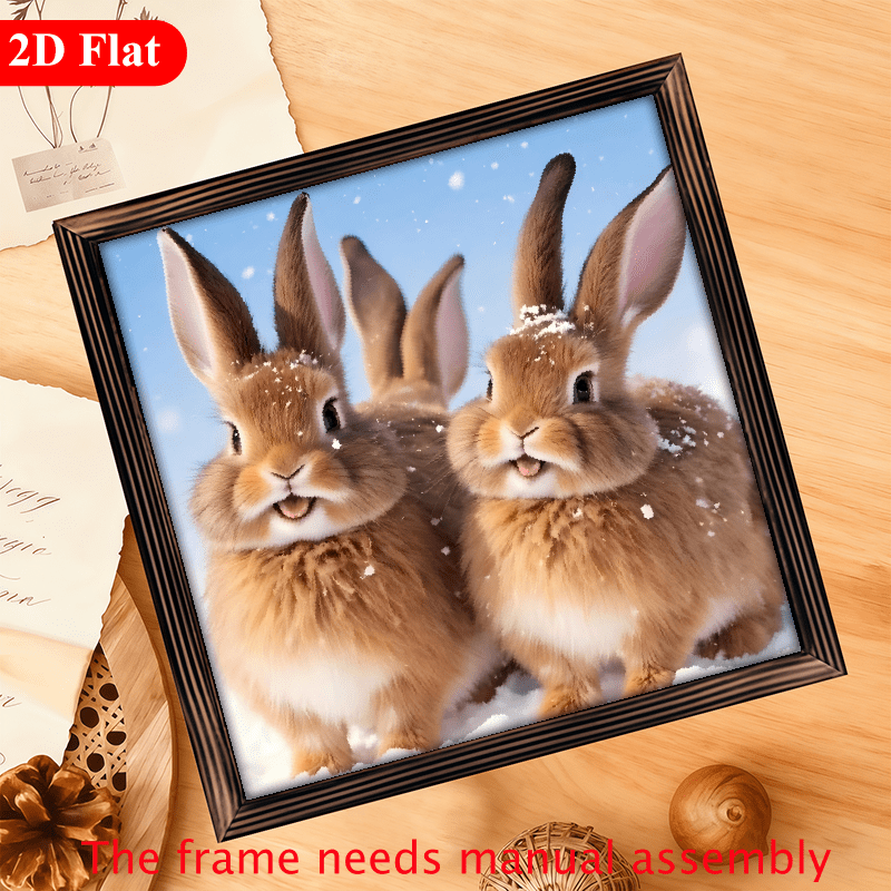 A 12-inch 2D flat "Two Brown Rabbits in the Snow" wooden frame painting ...
