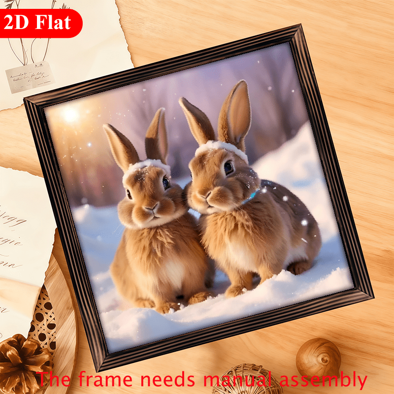 A 12-inch 2D flat "Two Cute Rabbits in the Snow" wooden frame painting ...