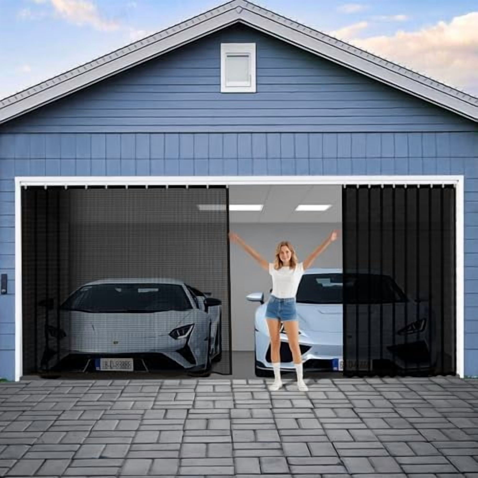 A 16x7 foot retractable fiberglass mesh screen for garage doors ...