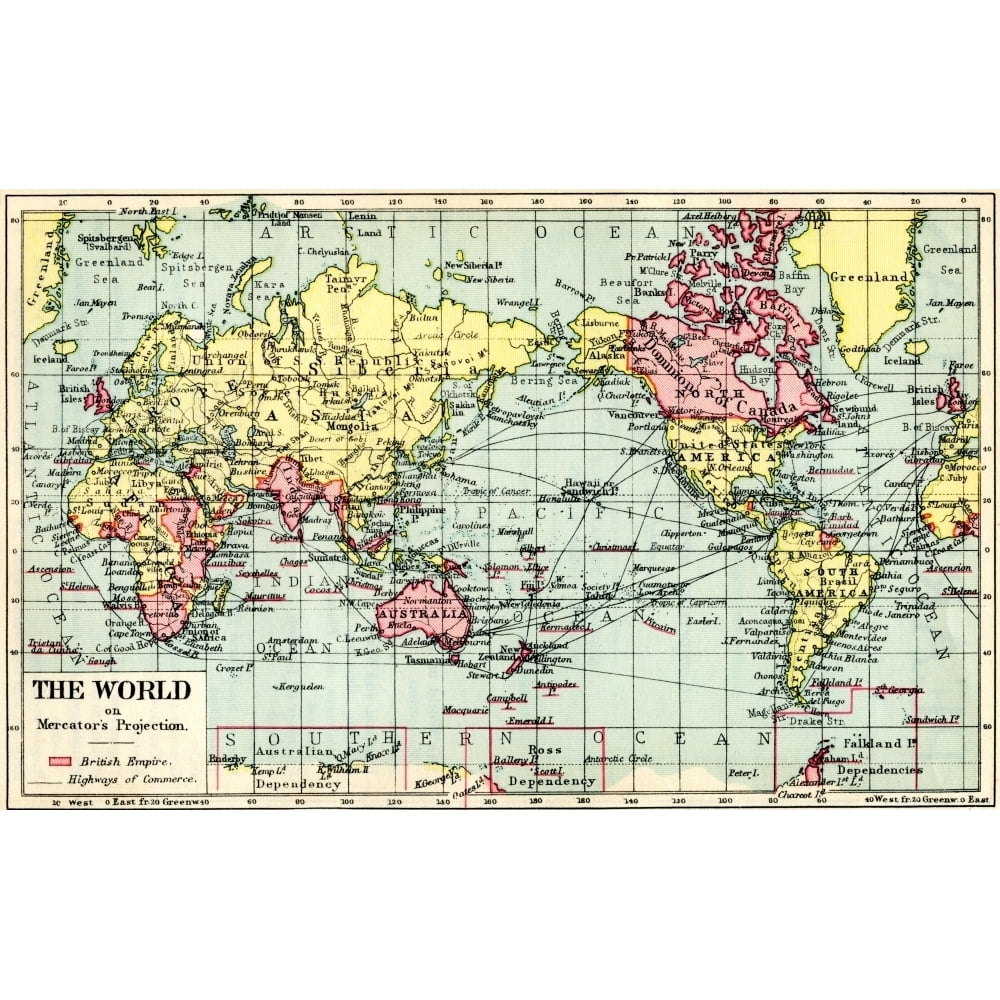 A 1930s map of the world on Mercators projection. The British Empire ...