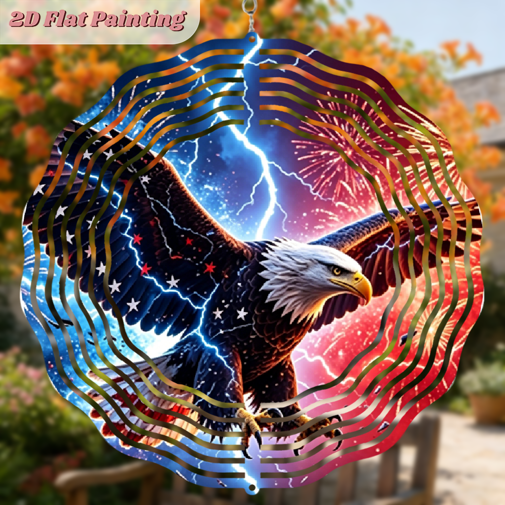 A 2D flat circular iron wind chime. Theme "Bald eagle with lightning ...