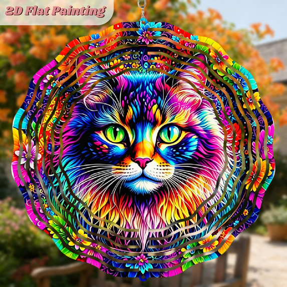 A 2D flat circular iron wind chime, pattern of colorful cat face ...