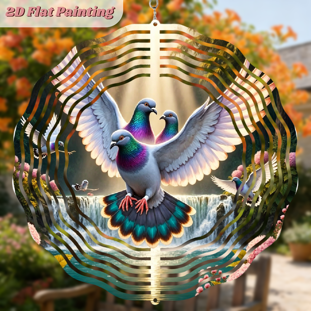 A 2D flat circular iron wind chime, pattern of colorful pigeons ...