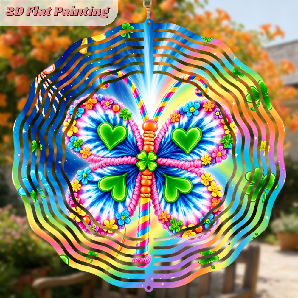 A 2D flat circular iron wind chime, pattern of rainbow butterfly ...