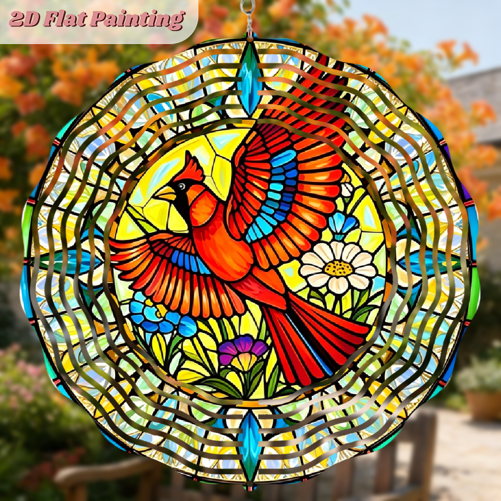 A 2D flat circular iron wind chime, pattern of red cardinal. Beautiful ...