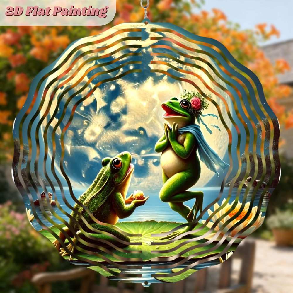 A 2D flat circular iron wind chime, themed "Happy Frogs". Beautiful ...