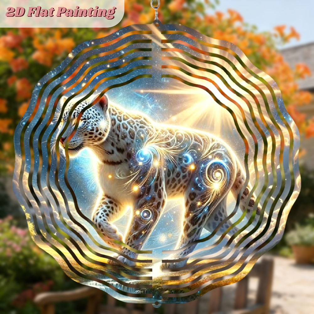 A 2D flat circular iron wind chime, themed "Magical Leopard". Beautiful ...