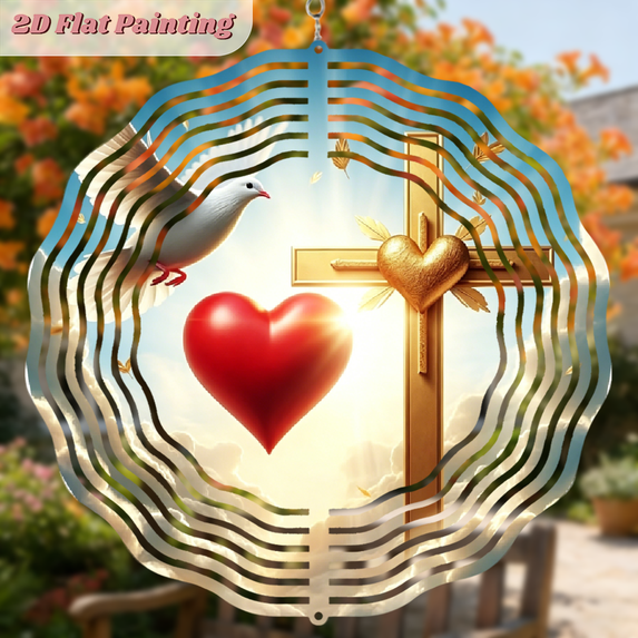 A 2D flat circular iron wind chime, themed "Sacred Heart Cross with ...