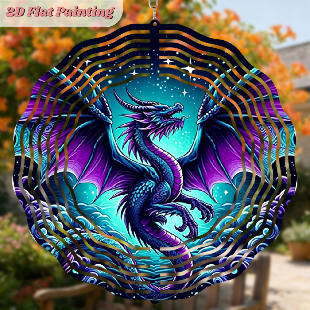 A 2D flat circular iron wind chime with fantasy dragon and starry sky ...