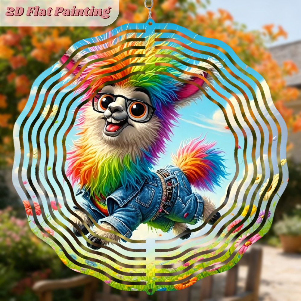 A 2D flat circular iron wind chime with rainbow llama pattern ...