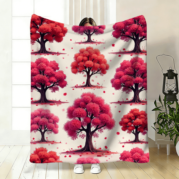 A 2D flat flannel blanket with a pink tree pattern, warm, soft and ...