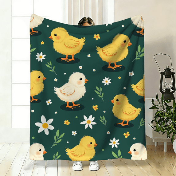 A 2D flat flannel blanket with chicken flowers, warm, soft and light ...