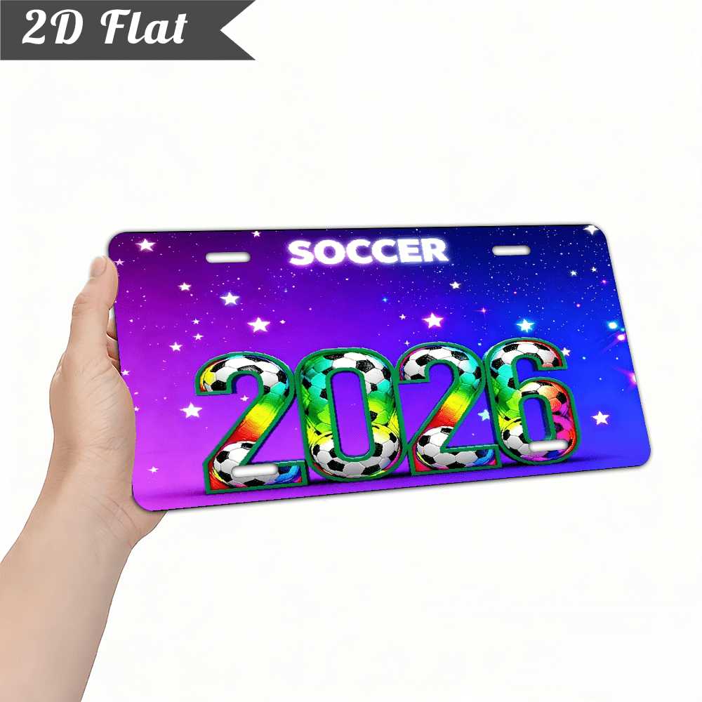 A 2D flat rectangular aluminum decorative sign. Theme "SOCCER 2026 ...