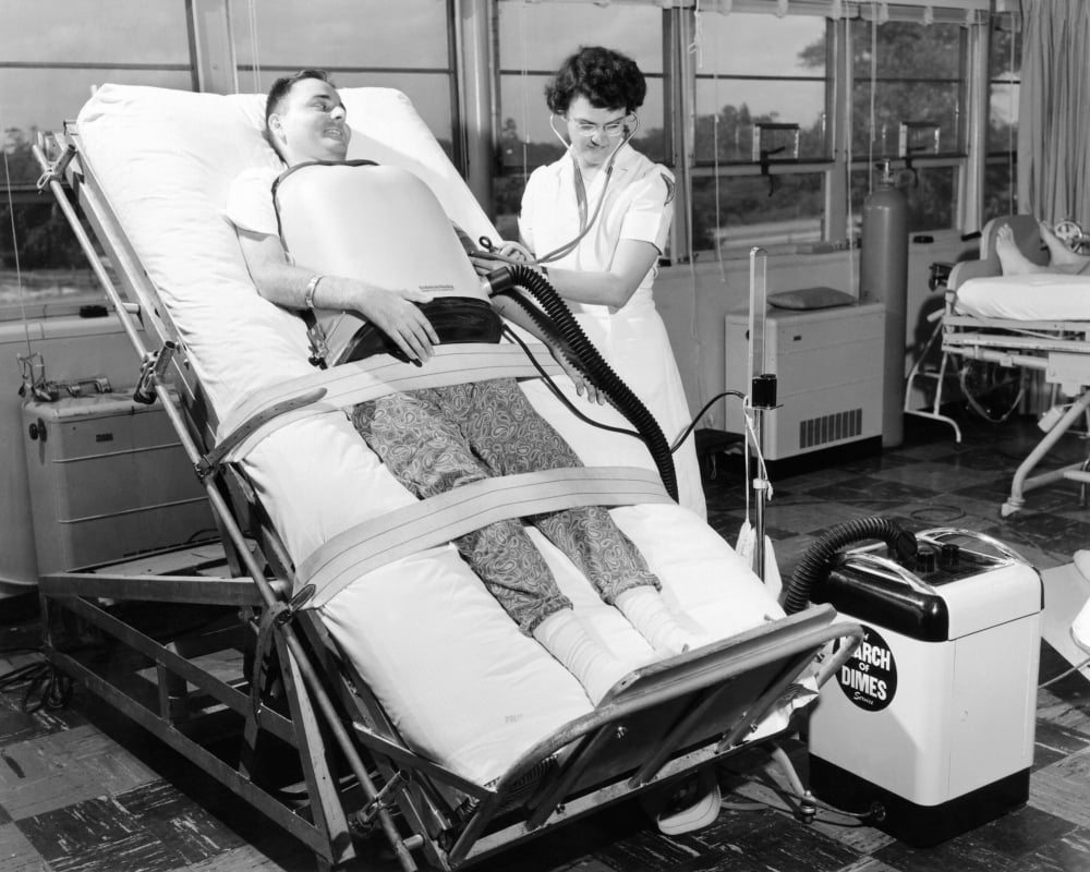 A 30 Year Old Polio Patient Wearing A Chest Respirator On A Standing ...