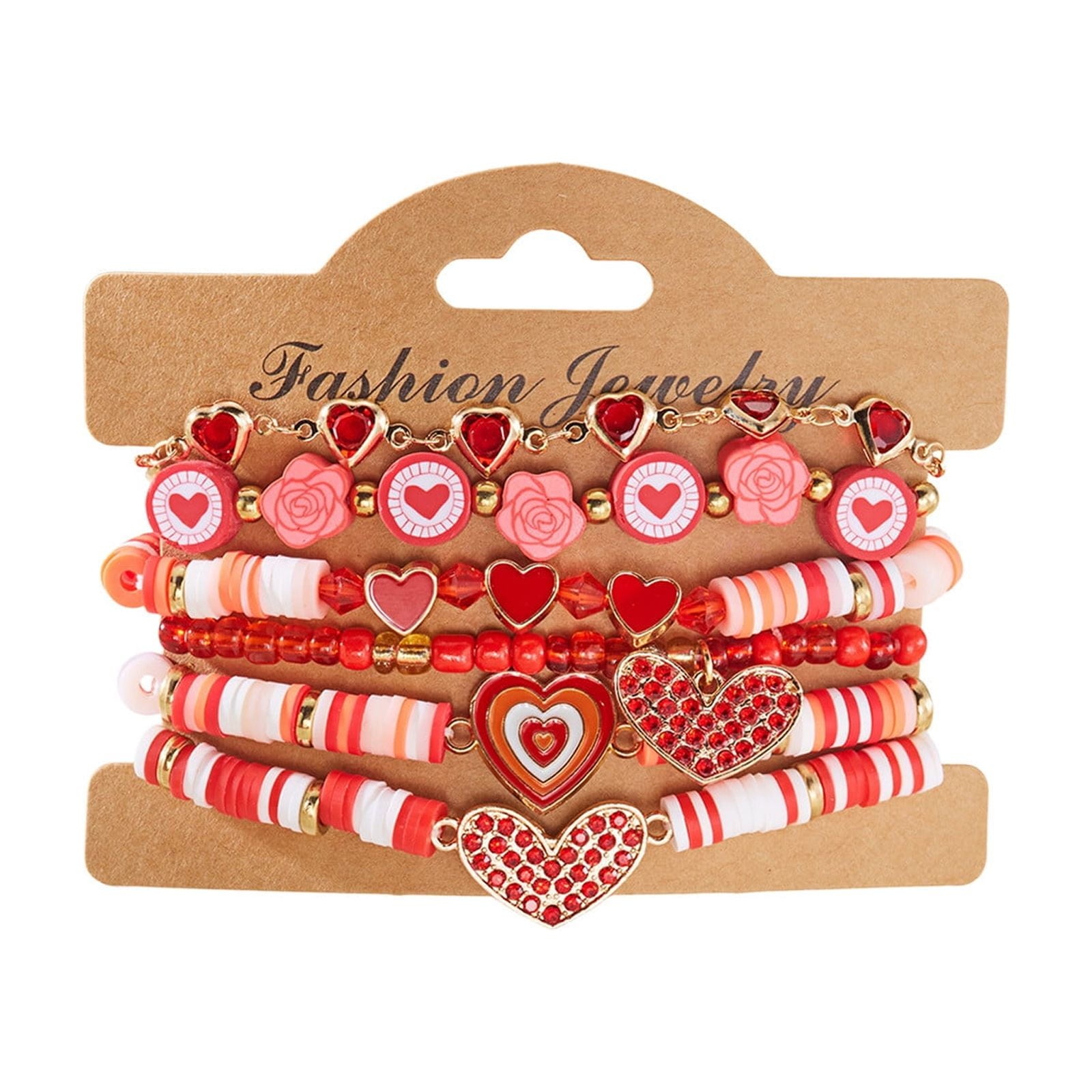 A 5 Piece Heart Bracelet Set For Women Polymer Clay Beaded Heart Red ...
