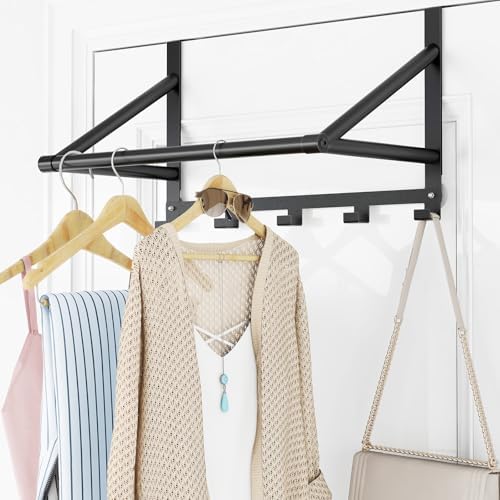 A 5-hook over-the-door clothing hanger with a matte black finish ...