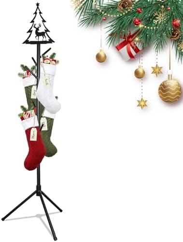 A 53-inch freestanding metal stocking holder rack with 8 adjustable ...