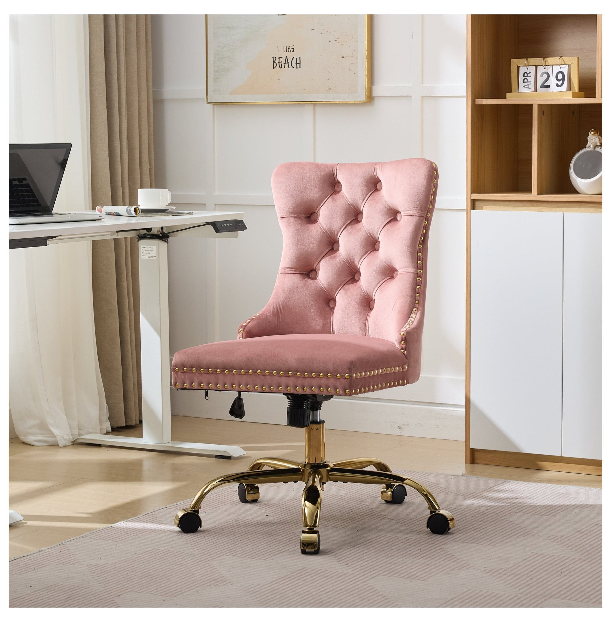 A&A Furniture Office Chair,Modern Upholstered Tufted Button Home Office Chair with Golden Metal ...