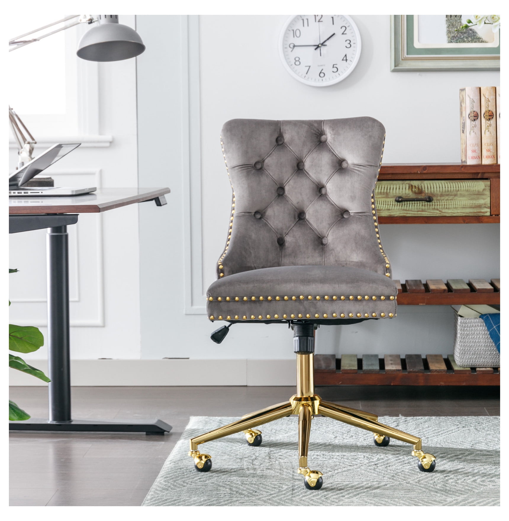 A&A Furniture Office Chair, Upholstered Tufted Button Home Office Chair with Golden Metal Base ...