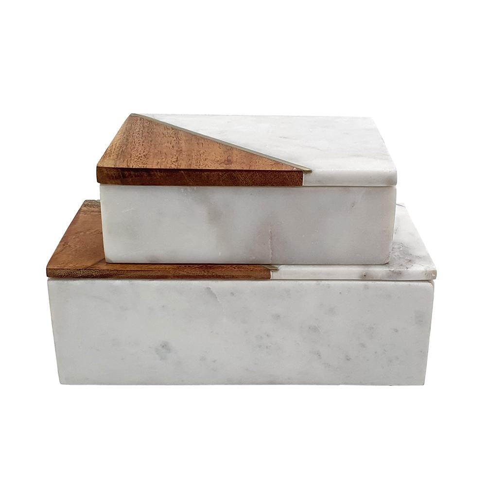 A&B Home Set of 2 Marble Decorative Storage Boxes with Wooden Accent ...
