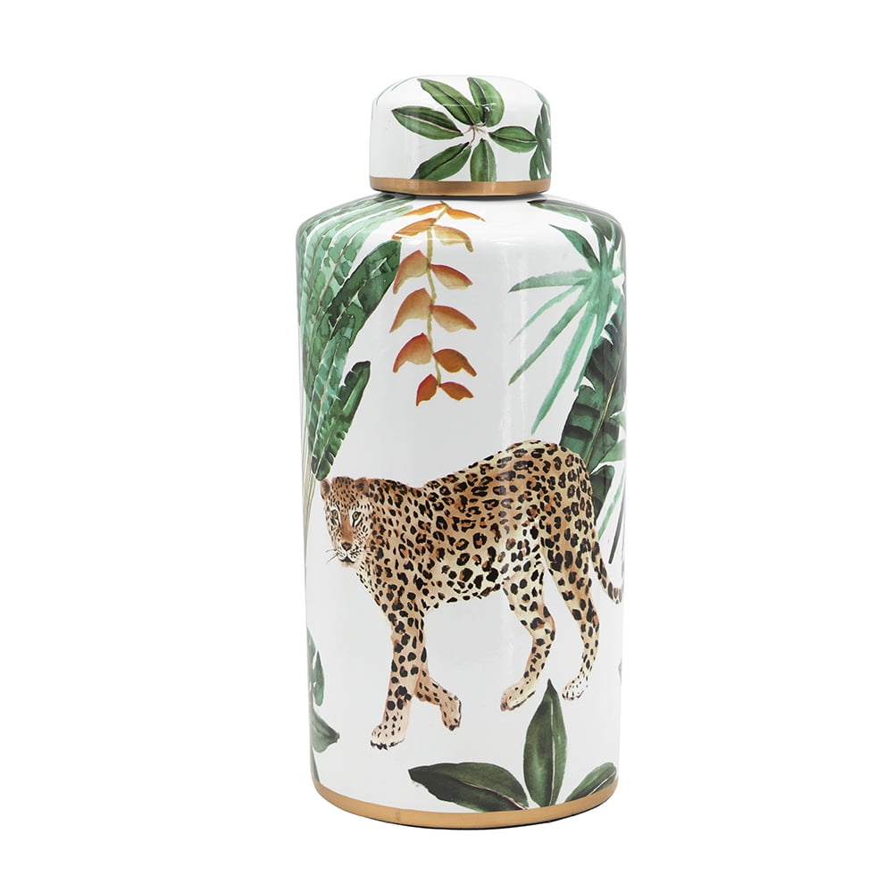A&B Home Porcelain Green and White Leopard Cylindrical Jar 6" x 6" x 14 ...