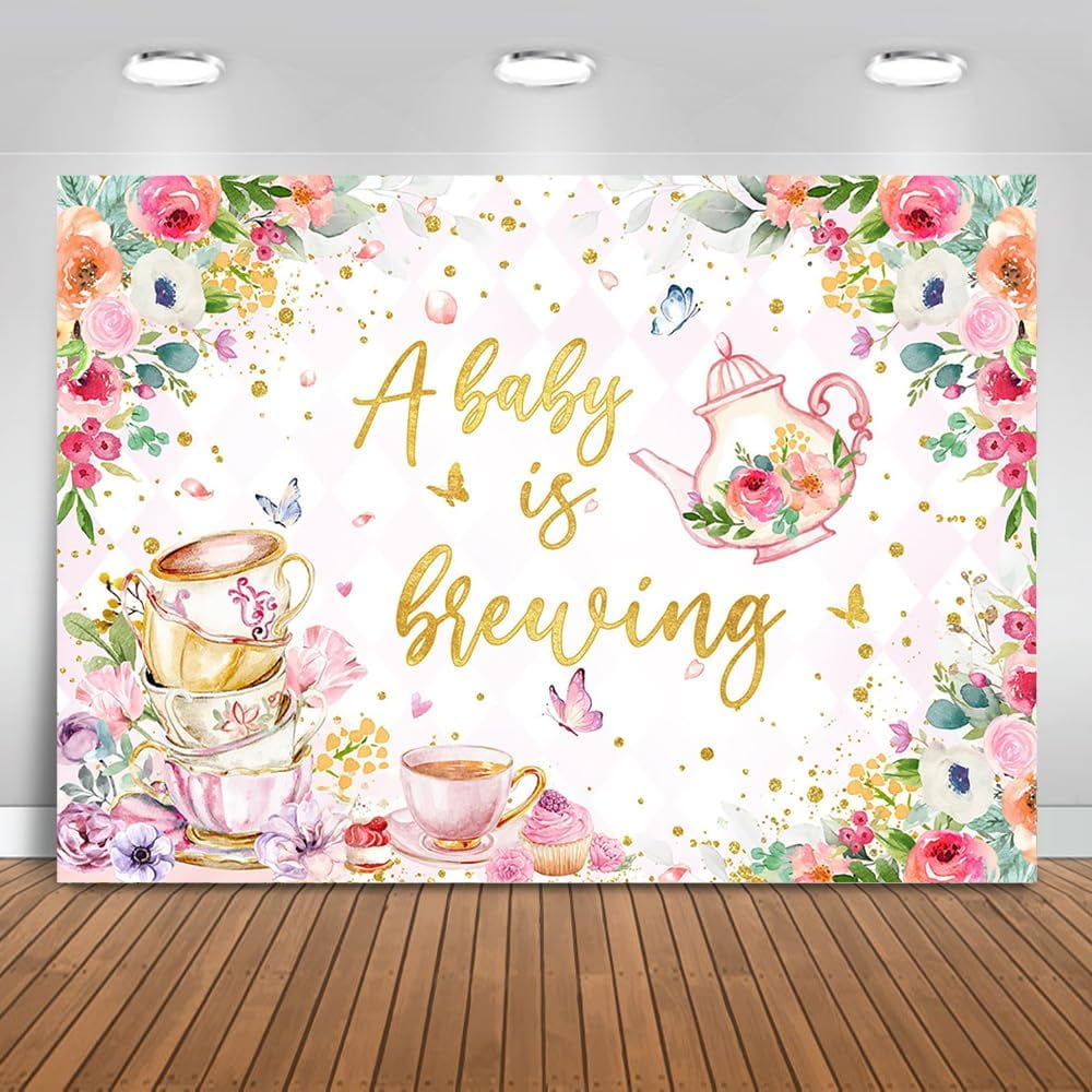 A Baby is Brewing Baby Shower Backdrop Pink Floral Tea Party Background ...